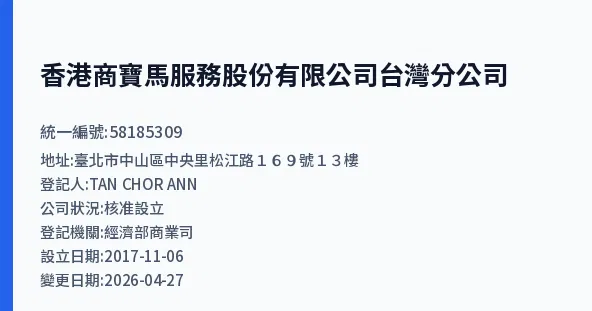 香港商寶馬服務股份有限公司台灣分公司的照片-統編 58185309(臺北市) 公司登記資料與營業項目詳細圖表