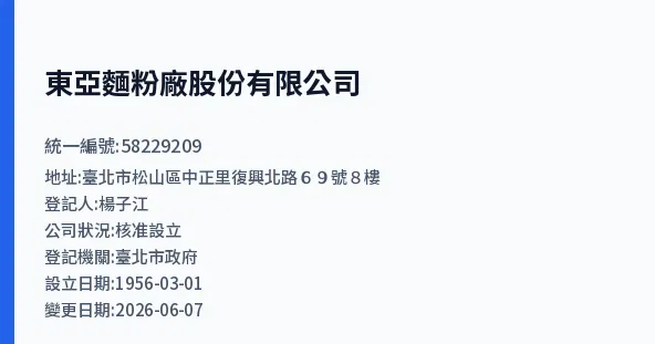 東亞麵粉廠股份有限公司的照片-統編 58229209(臺北市) 公司登記資料與營業項目詳細圖表