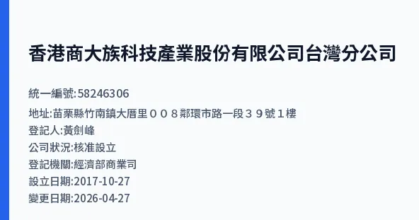 香港商大族科技產業股份有限公司台灣分公司的照片-統編 58246306(苗栗縣) 公司登記資料與營業項目詳細圖表