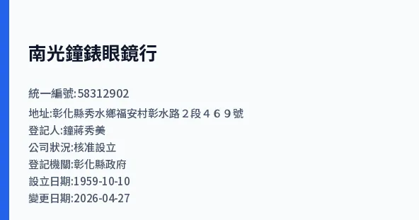 南光鐘錶眼鏡行的照片-統編 58312902(彰化縣) 公司登記資料與營業項目詳細圖表