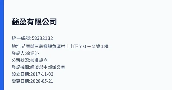 馝盈有限公司的照片-統編 58332132(苗栗縣) 公司登記資料與營業項目詳細圖表
