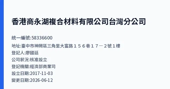香港商永湖複合材料有限公司台灣分公司的照片-統編 58336600(臺中市) 公司登記資料與營業項目詳細圖表