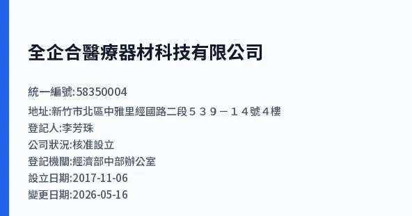 全企合醫療器材科技有限公司的照片-統編 58350004(新竹市) 公司登記資料與營業項目詳細圖表