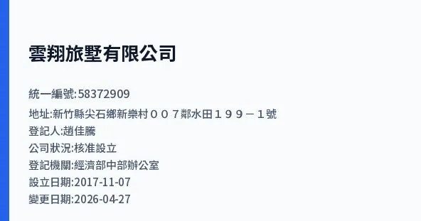雲翔旅墅有限公司的照片-統編 58372909(新竹縣) 公司登記資料與營業項目詳細圖表