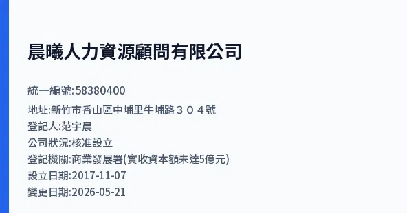 晨曦人力資源顧問有限公司的照片-統編 58380400(新竹市) 公司登記資料與營業項目詳細圖表