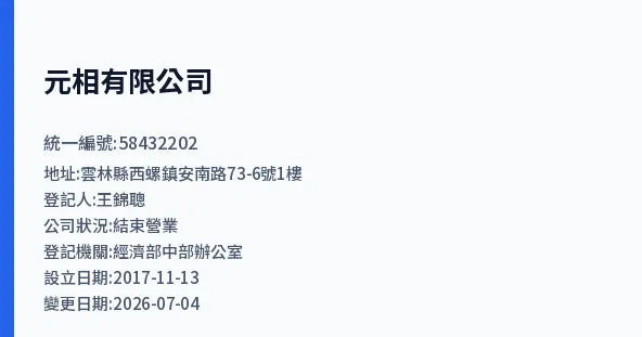 元相有限公司的照片-統編 58432202(雲林縣) 公司登記資料與營業項目詳細圖表