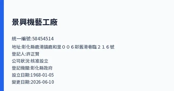 景興機藝工廠的照片-統編 58454514(彰化縣) 公司登記資料與營業項目詳細圖表