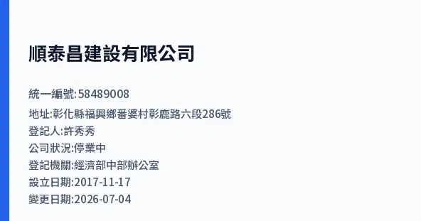 順泰昌建設有限公司的照片-統編 58489008(彰化縣) 公司登記資料與營業項目詳細圖表