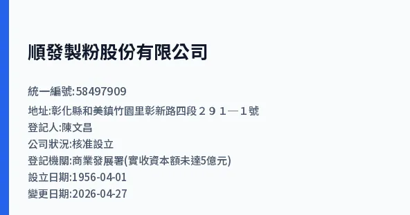 順發製粉股份有限公司的照片-統編 58497909(彰化縣) 公司登記資料與營業項目詳細圖表