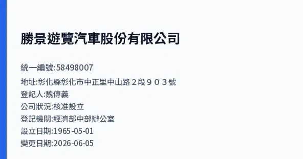 勝景遊覽汽車股份有限公司的照片-統編 58498007(彰化縣) 公司登記資料與營業項目詳細圖表
