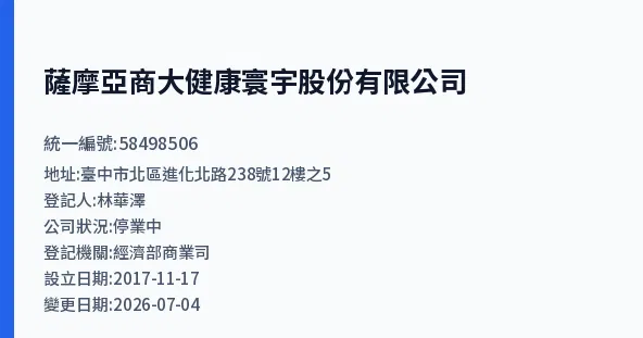 薩摩亞商大健康寰宇股份有限公司的照片-統編 58498506(臺中市) 公司登記資料與營業項目詳細圖表