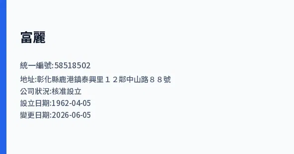 富麗的照片-統編 58518502(彰化縣) 公司登記資料與營業項目詳細圖表