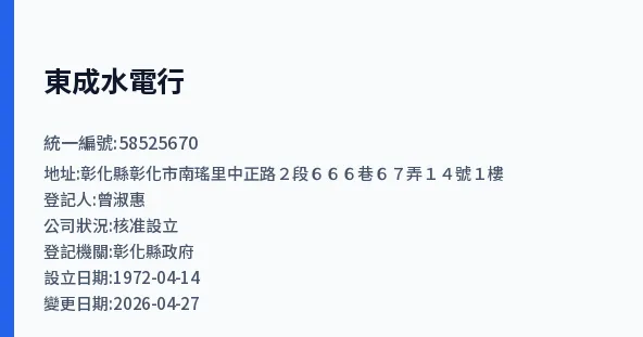 東成水電行的照片-統編 58525670(彰化縣) 公司登記資料與營業項目詳細圖表