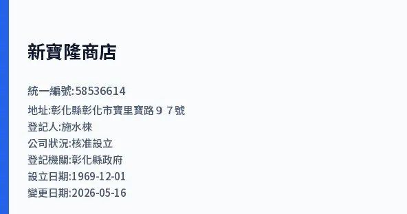 新寶隆商店的照片-統編 58536614(彰化縣) 公司登記資料與營業項目詳細圖表