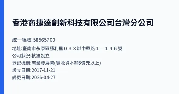 香港商捷達創新科技有限公司台灣分公司的照片-統編 58565700(臺南市) 公司登記資料與營業項目詳細圖表