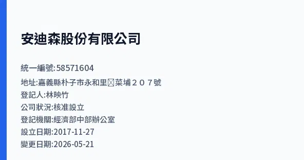 安迪森股份有限公司的照片-統編 58571604(嘉義縣) 公司登記資料與營業項目詳細圖表