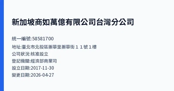 新加坡商如萬億有限公司台灣分公司的照片-統編 58581700(臺北市) 公司登記資料與營業項目詳細圖表