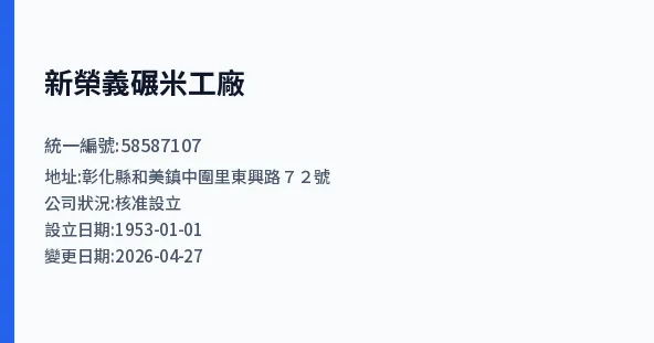 新榮義碾米工廠的照片-統編 58587107(彰化縣) 公司登記資料與營業項目詳細圖表