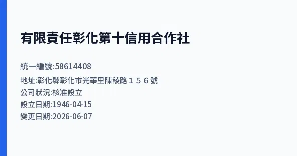有限責任彰化第十信用合作社的照片-統編 58614408(彰化縣) 公司登記資料與營業項目詳細圖表