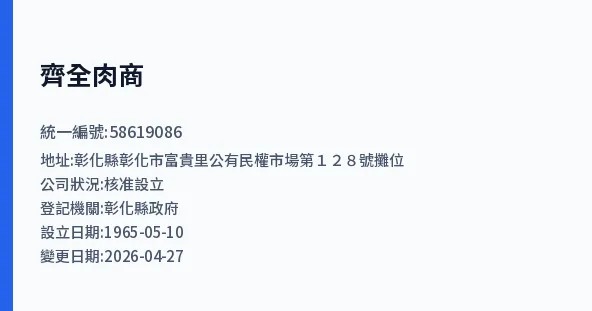 齊全肉商的照片-統編 58619086(彰化縣) 公司登記資料與營業項目詳細圖表