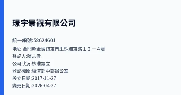 璟宇景觀有限公司的照片-統編 58624601(金門縣) 公司登記資料與營業項目詳細圖表
