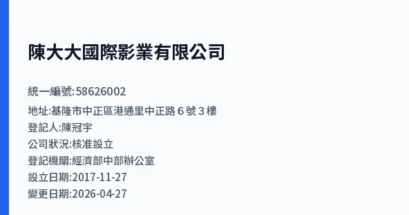 陳大大國際影業有限公司的照片-統編 58626002(基隆市) 公司登記資料與營業項目詳細圖表