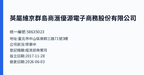 英屬維京群島商滙優源電子商務股份有限公司的照片-統編 58635023(臺北市) 公司登記資料與營業項目詳細圖表