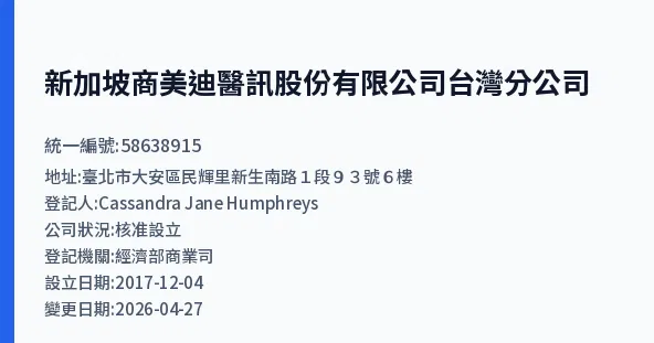 新加坡商美迪醫訊股份有限公司台灣分公司的照片-統編 58638915(臺北市) 公司登記資料與營業項目詳細圖表