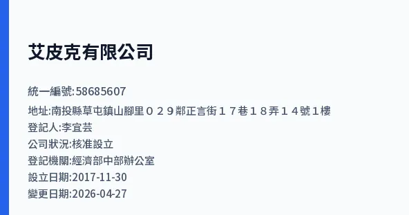 艾皮克有限公司的照片-統編 58685607(南投縣) 公司登記資料與營業項目詳細圖表