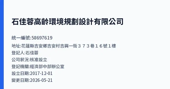 石佳蓉高齡環境規劃設計有限公司的照片-統編 58697619(花蓮縣) 公司登記資料與營業項目詳細圖表