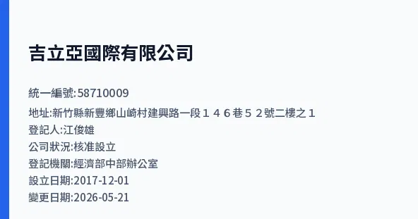 吉立亞國際有限公司的照片-統編 58710009(新竹縣) 公司登記資料與營業項目詳細圖表