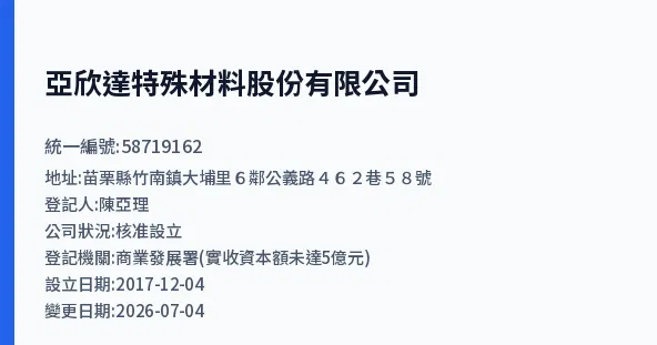 亞欣達特殊材料股份有限公司的照片-統編 58719162(苗栗縣) 公司登記資料與營業項目詳細圖表