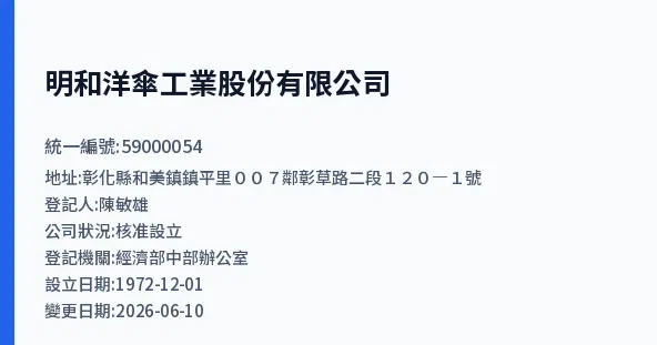 明和洋傘工業股份有限公司的照片-統編 59000054(彰化縣) 公司登記資料與營業項目詳細圖表