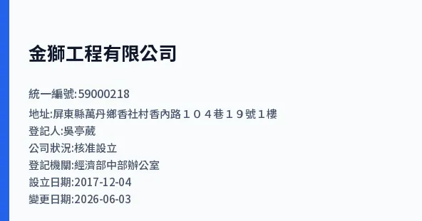 金獅工程有限公司的照片-統編 59000218(屏東縣) 公司登記資料與營業項目詳細圖表