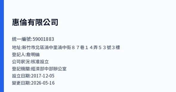 惠倫有限公司的照片-統編 59001883(新竹市) 公司登記資料與營業項目詳細圖表
