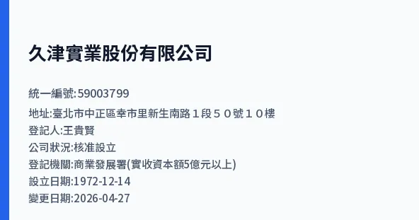 久津實業股份有限公司的照片-統編 59003799(臺北市) 公司登記資料與營業項目詳細圖表