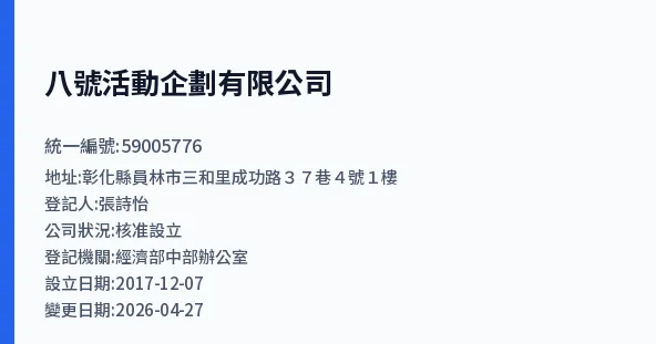 八號活動企劃有限公司的照片-統編 59005776(彰化縣) 公司登記資料與營業項目詳細圖表