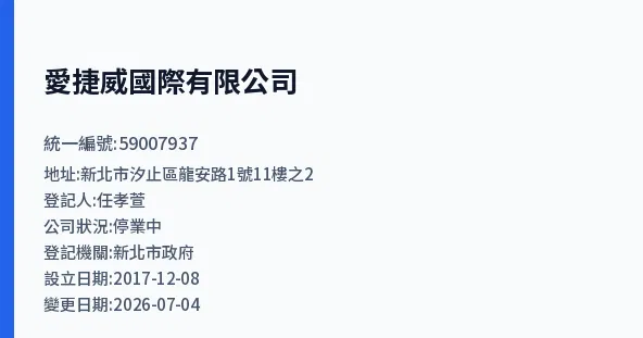 愛捷威國際有限公司的照片-統編 59007937(新北市) 公司登記資料與營業項目詳細圖表