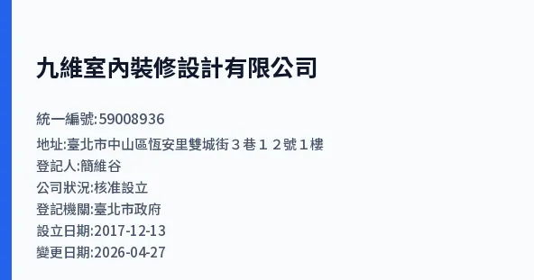 九維室內裝修設計有限公司的照片-統編 59008936(臺北市) 公司登記資料與營業項目詳細圖表