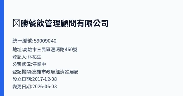 勝餐飲管理顧問有限公司的照片-統編 59009040(高雄市) 公司登記資料與營業項目詳細圖表