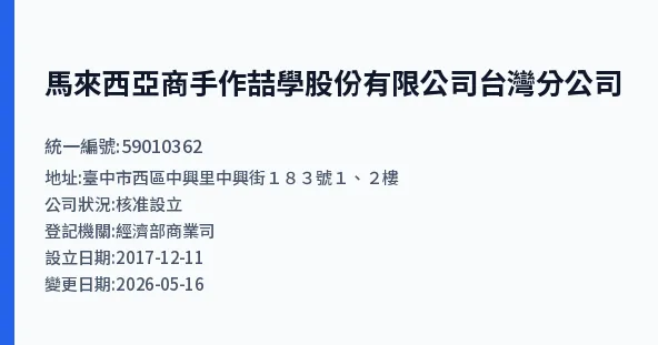 馬來西亞商手作喆學股份有限公司台灣分公司的照片-統編 59010362(臺中市) 公司登記資料與營業項目詳細圖表