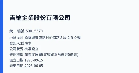 吉綸企業股份有限公司的照片-統編 59015578(彰化縣) 公司登記資料與營業項目詳細圖表