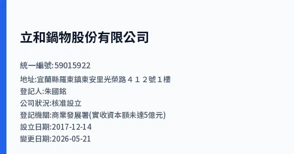 立和鍋物股份有限公司的照片-統編 59015922(宜蘭縣) 公司登記資料與營業項目詳細圖表