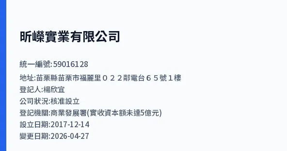 昕嶸實業有限公司的照片-統編 59016128(苗栗縣) 公司登記資料與營業項目詳細圖表