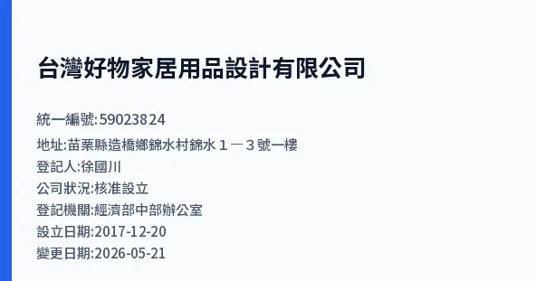 台灣好物家居用品設計有限公司的照片-統編 59023824(苗栗縣) 公司登記資料與營業項目詳細圖表
