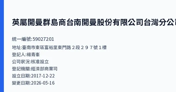 英屬開曼群島商台南開曼股份有限公司台灣分公司的照片-統編 59027201(臺南市) 公司登記資料與營業項目詳細圖表