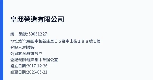 皇邸營造有限公司的照片-統編 59031227(彰化縣) 公司登記資料與營業項目詳細圖表