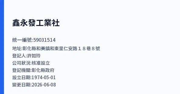 鑫永發工業社的照片-統編 59031514(彰化縣) 公司登記資料與營業項目詳細圖表