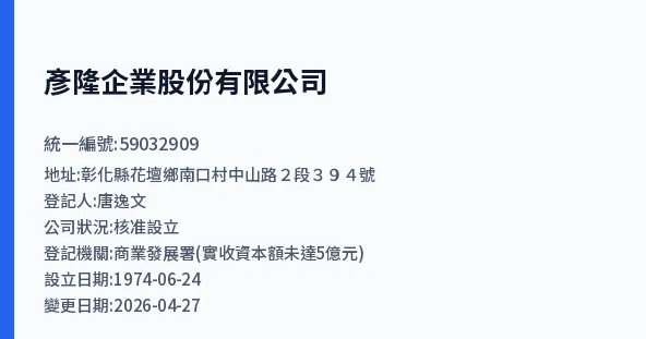 彥隆企業股份有限公司的照片-統編 59032909(彰化縣) 公司登記資料與營業項目詳細圖表