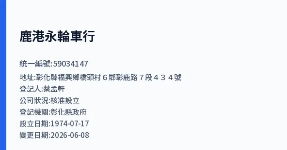 鹿港永輪車行的照片-統編 59034147(彰化縣) 公司登記資料與營業項目詳細圖表